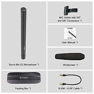 SYNCO XLR Shotgun Microphone, Shotgun Mic D2 Hyper Cardioid Directional Condenser Mic with XLR Connector, Video/Audio Recording for Camcorders, Shotgun-Microphone-XLR-Condenser-Mic