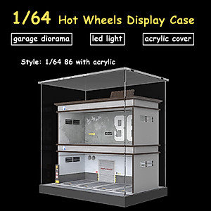 Hot Diecast Wheels Display Case - 1/64 Scale Die-cast Model Car Display Case with LED Light and Acrylic Cover, Wooden Parking Garage in 3 Floors with 10 Parking Spaces (86)