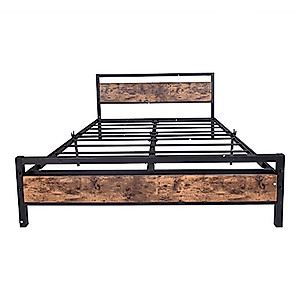 JURMERRY Queen Size Metal Platform Bed Frame with Wooden Headboard and Footboard Heavy Duty Steel Support, Mattress Foundation, No Box Spring Needed, Easy Assembly, Black RB