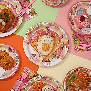 Grencian 96Pcs Groovy Birthday Party Decorations Hippie Tableware Set Daisy Hippie Paper Plates and Napkins for Girls Boys One Two Groovy Birthday Party Supplies Retro Boho Bachelorette Baby Shower
