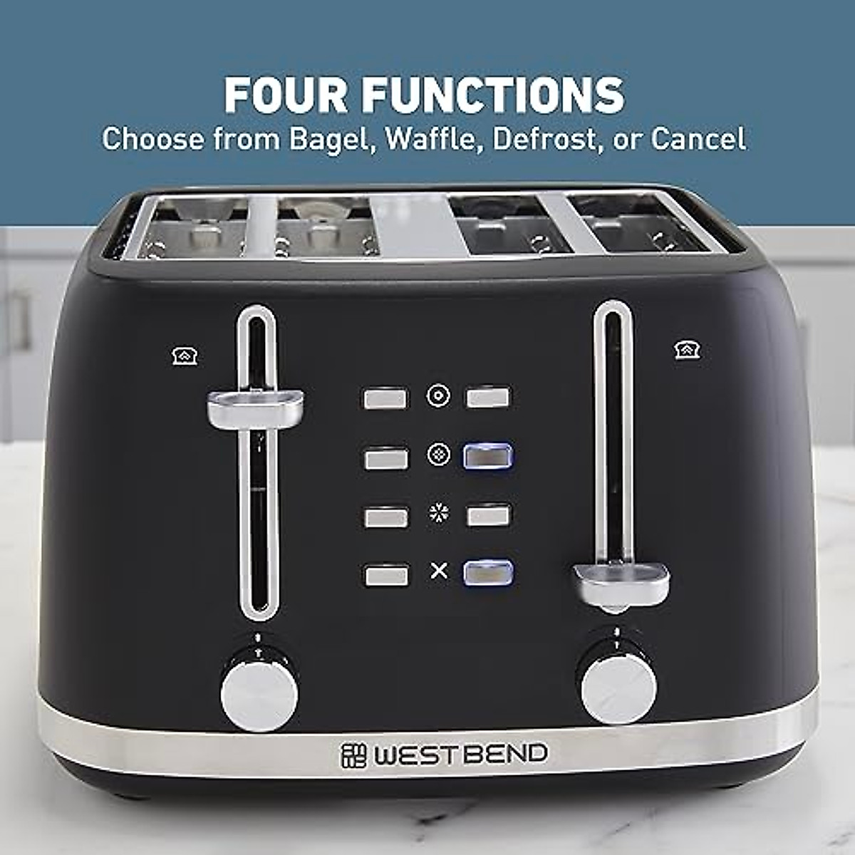 West Bend Toaster 4 Slice Extra-Wide and Deep Slots with 3 Functions and 7 Shade Settings Manual Lift Lever and Auto-Shut Off, 1500-Watts, Black