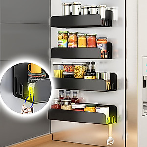 Magnetic Spice Rack for Refrigerator, Magnetic Shelf Fridge Spice Rack Organizer 4 Pack with 16 Hooks, Moveable Strong Magnetic Seasoning Organizer and Shelf for Kitchen Refrigerator Microwave