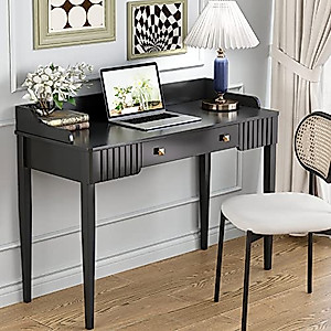 ukorua White Vanity Desk Wooden Desk with Drawer Modern Desk Computer Desk White Makeup Table with Gold Handle (Black)