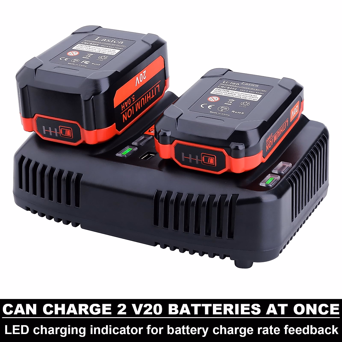 Lasica CMCB124 20V Charger Compatible with Craftsman V20 Series 20 Volt Lithium Batteries, V20 Dual Port, Replacement for Craftsman Battery Charger Station CMCB104 CMCB124
