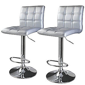 Contemporary Bar Stools Hight Adjustable Seat Hydraulic 360 Degree Swivel Sturdy Steel Frame Quadrate cushion Seat Dining Chair Bar Pub Stool Home Office Furniture - Set of 4 Silver #1935svr