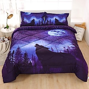 ENCOFT Wolf Comforter Set Queen Size, 3 Piece Vivid Blue Night Sky Howling Wolf Bedding Comforter Sets with 2 Pillowcases, Lightweight Soft Wild Animal Wolf Comforter Set for Kids, Boys, Teen