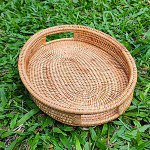14 Inch Oval Rattan Storage Baskets Serving Tray with Handles and Raised Side Coffee Table Tray Decor M Browm