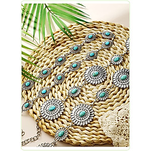 Epakh Turquoise Chain Belt Western Concho Belts for Women Silver Oval Belt Adjustable Metal Waist Belts for Dresses, One Size(Classic Style, 2 Pieces)