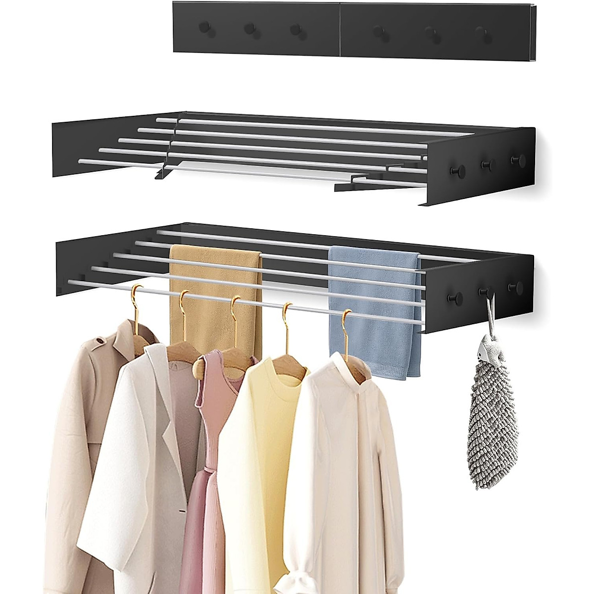 Wall Mounted Foldable, Space Saving Clothes Drying Rack with Knob, 60 lbs Capacity, for Laundry (31.5" Black)