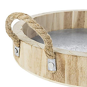 MyGift 12 Inch Round Paulownia Wood Decorative Tray with Rope Handles and Galvanized Metal Base, Large Ottoman Serving Tray for Living Room