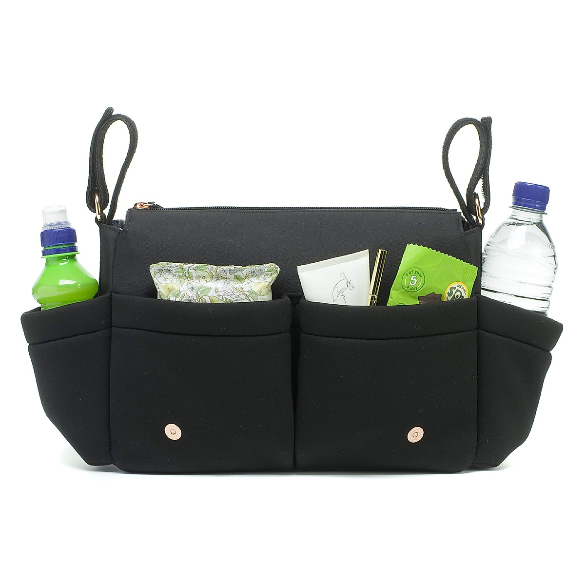 Black Travel Stroller Organizer and Hanging Diaper Bag by Storksak | Universal Fit, Large Storage Capacity, Baby Caddy with Elastic Cup Holder and Integrated Accessories