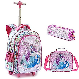 MOHCO Rolling Backpack 18 inch for Kids Wheeled Backpack for Girls with Lunch Bag Pencil Case