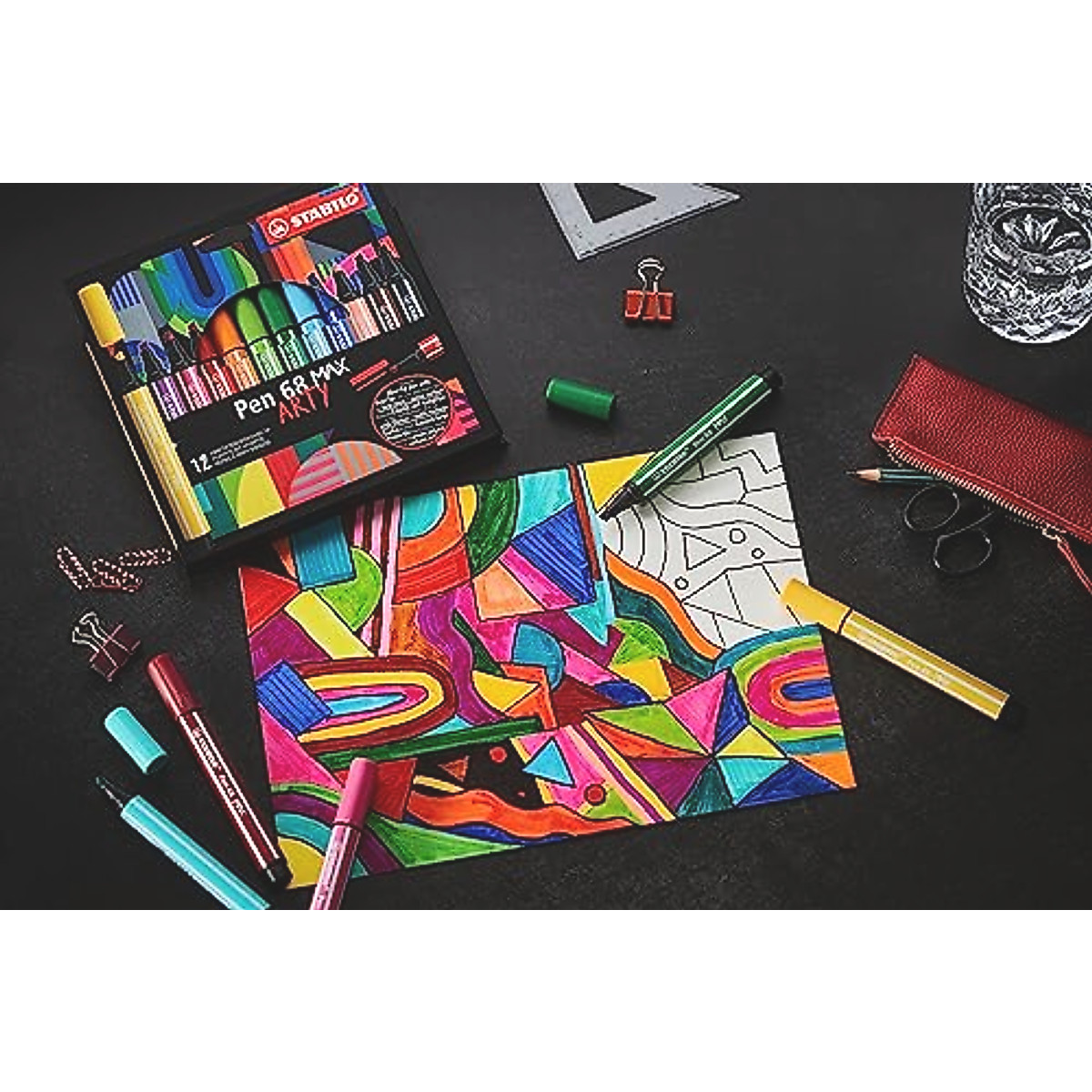 STABILO Premium Felt Tip Pen with Thick Chisel Tip Pen 68 MAX - ARTY - Pack of 24 - with 24 Different Colours