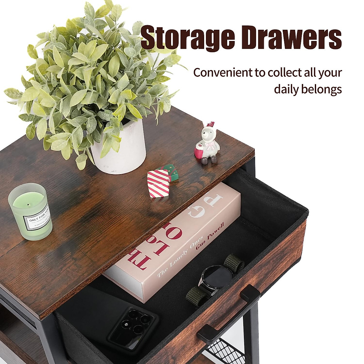 3 Tier End Table,Small Side Table with Storage Drawer,24.8 inch Tall Night Stand for Small Spaces, Brown Bedside Table,Side Table for Living Room,Bedroom,Office