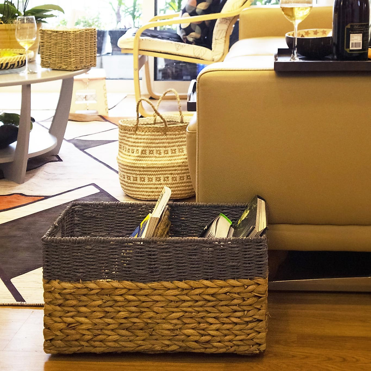 PEMAR Set 2 (different sizes nesting in a set) Natural Wicker Rolling Storage Baskets on Wheels w Insert Handle, Under Table Under Desk Storage Bins, Mobile File Cabinet Organiser. Water Hyacinth