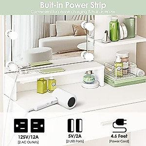 Makeup Vanity Table with Lighted Mirror & Power Strip, White Vanity Set with Hair Dryer Rack, Lots Storage, 3 Lighting Modes, Brightness Adjustable, 31.5in(L)