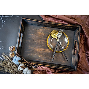 EZDC Wooden Tray, Coffee Table Tray, Ottoman Tray Dark Brown 16 x 12” Modern Aesthetic Decorative Serving Tray with Handles for Drinks and Food