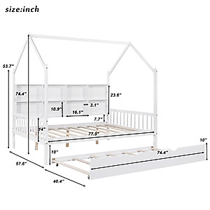 Full Kids Bed House Bed with Trundle, Kids Full Size Platform Bed Frame with Storage Shelves and Roof, Montessori Bed, Tent Bed, Wood Playhouse Bed Full for Kids Teens Girls & Boys (Full, White)