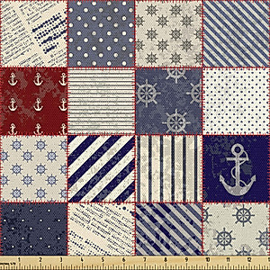 Lunarable Nautical Fabric by The Yard, Maritime and Marine Life Design Vintage Sailor Knot Anchor Motifs, Decorative Fabric for Upholstery and Home Accents, 3 Yards, Vermilion Blue