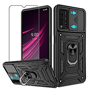 for T-Mobile Revvl V Plus 5G Case with HD Screen Protector with Slide Camera Cover, Atump 360° Rotation Ring Kickstand [Military Grade] Protective Case for T-Mobile Revvl V Plus 5G,Black