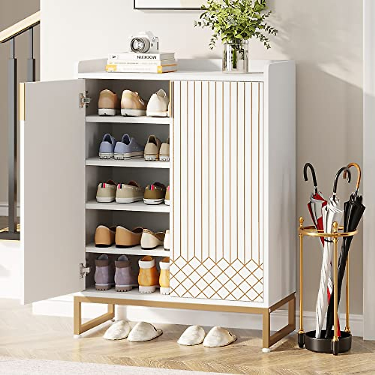 Tribesigns White Shoe Cabinet, 25 Pair Shoe Cabinets with Doors, 5-Tier Modern Shoe Rack Organizer Cabinet, Freestanding Wood Shoe Storage Cabinet with Gold Metal Frame for Bedroom Hallway Living Room