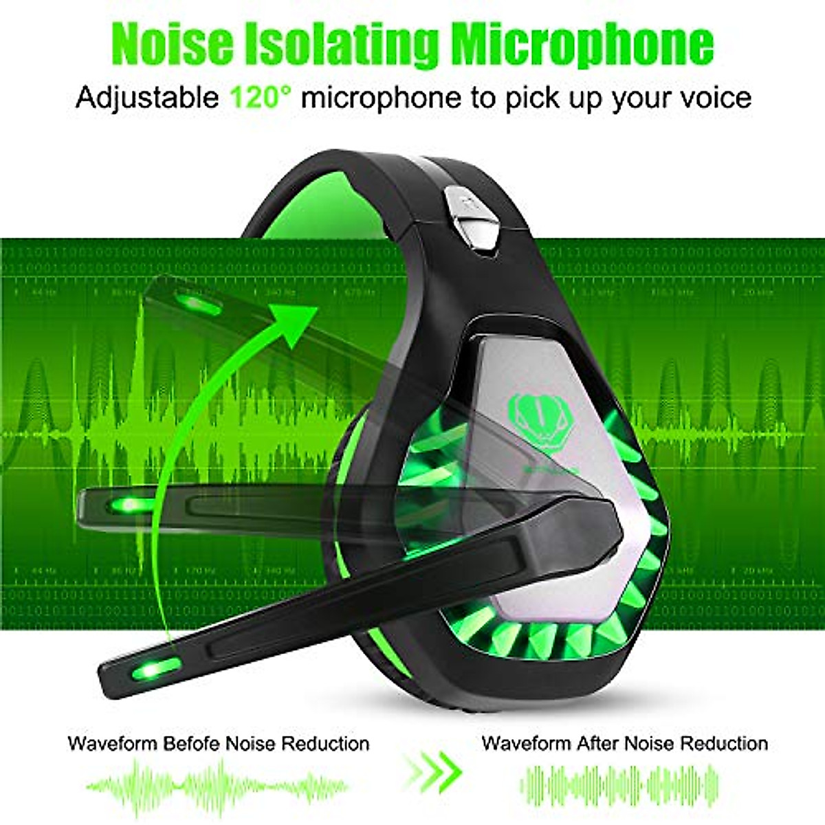 DIWUER Stereo Gaming Headset for Nintendo Switch, PS4, Xbox One with Noise Cancelling Mic, Soft Earmuffs Surround Sound Over Ear Headphones with LED Light for PC (Green)