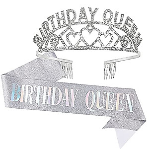CAVETEE Silver Birthday Queen Crown and Sash- Rhinestone Birthday Tiara and Sash for Women Birthday Party Favors Glitter Birthday Decorations（Multi Color Letter）