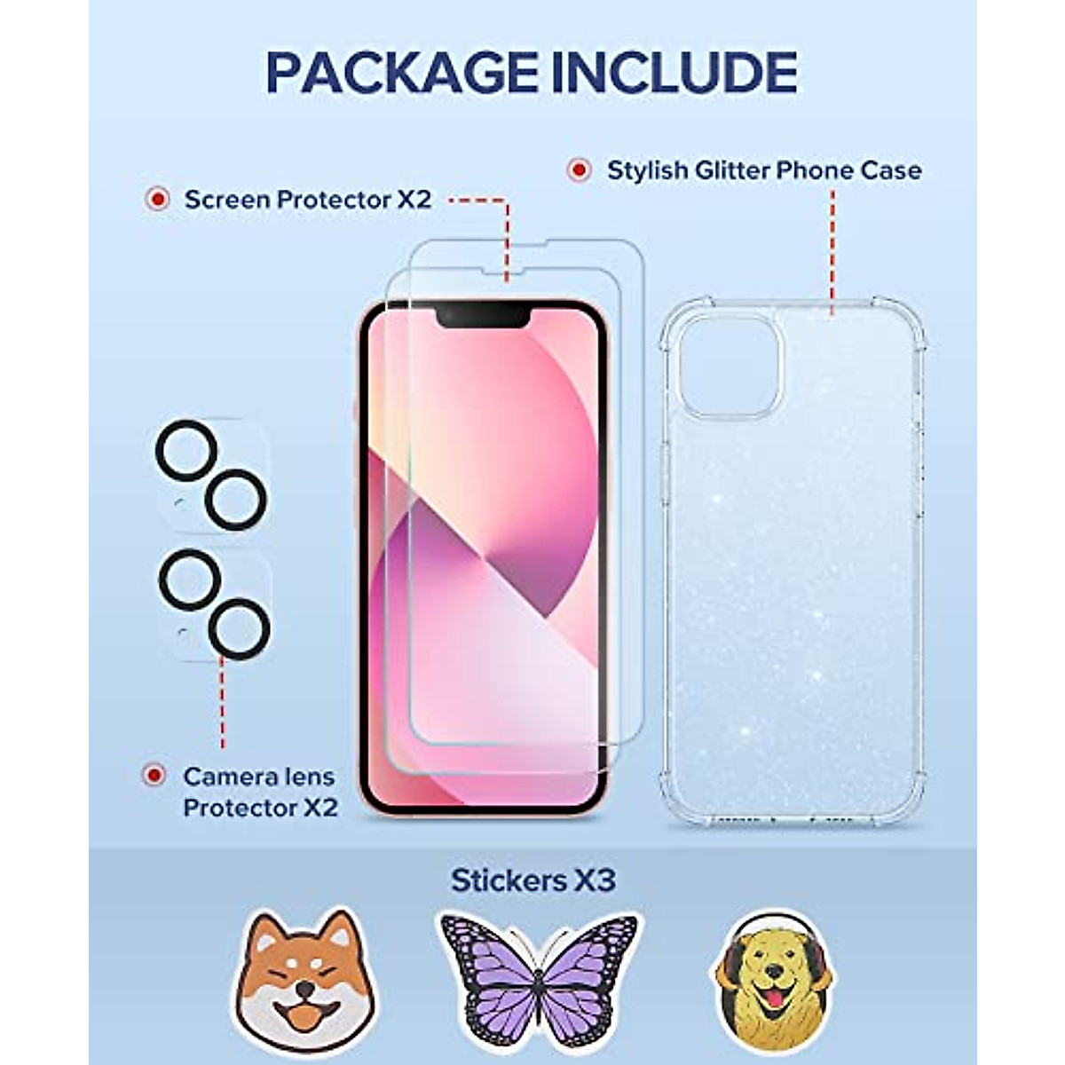 BERFY 5 in 1 for iPhone 13 Case Glitter, with 2X Screen Protector + 2X Camera Protector, [Not Yellowing] Sparkly Bling Shockproof Hard Back Slim Protective Phone Cover for Women, 6.1" (Glitter Clear)