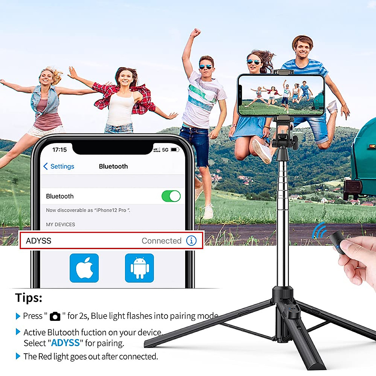 K&F Concept 61'' Bluetooth Selfie Stick Tripod, Extendable Selfie Stick with Wireless Remote & Mini Tripod Stand, Stainless Steel 360° Rotation Phone Holder for iPhone Samsung Android