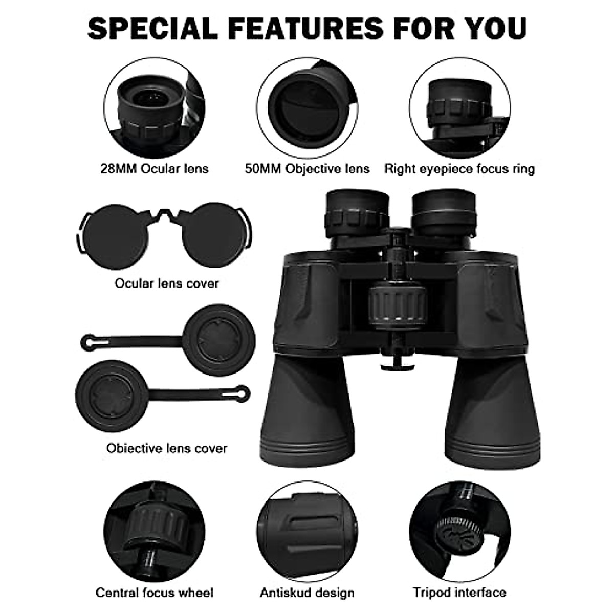 GOANDO 20x50 Binoculars for Adults and Kids High Power Compact Binoculars Large Waterproof Binoculars with Low Light Night Vision for Hunting Bird Watching Travel Sightseeing Outdoor Sports, Black