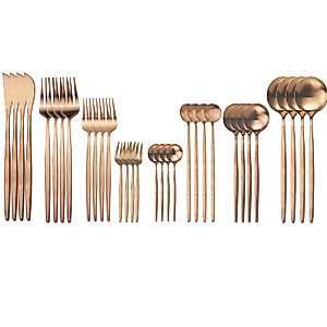 JASHII 32-Piece Tableware Set Stainless Steel Flatware Set with Coffee Spoon Long Handle Spoon Premium Cutlery Service for 4 Satin Finish Utensils for Home (Copper)