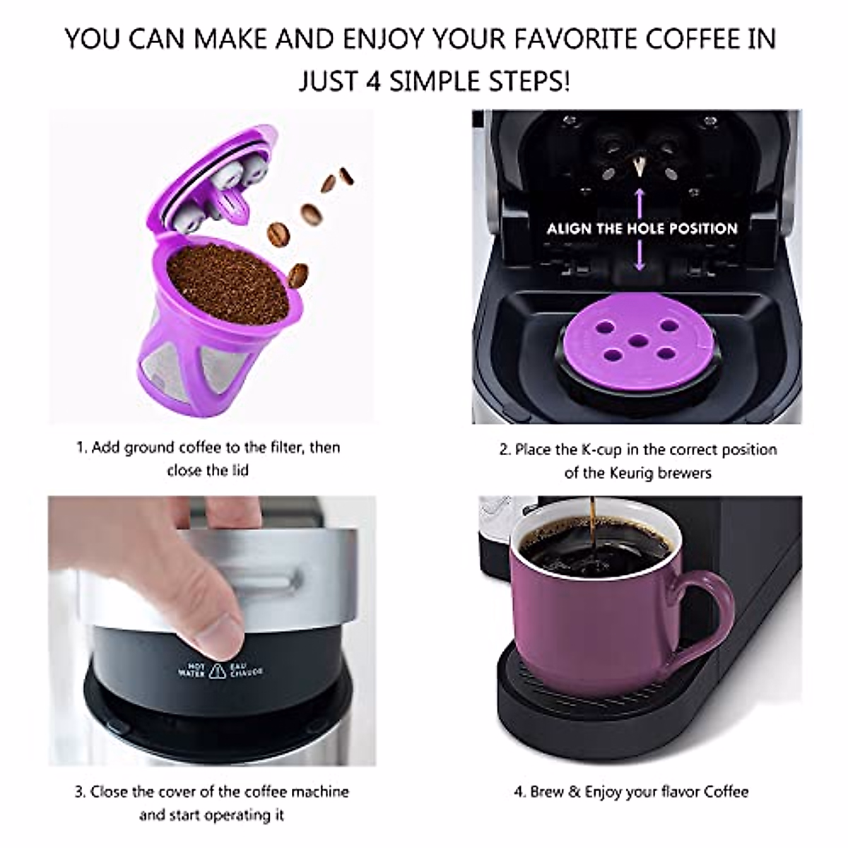 Velocvil 4 Reusable K Cups for Keurig K Supreme and K Supreme Plus Coffee Makers, Refillable Single Cup Coffee Filters for Keurig K Supreme Plus Coffee Brewer, Purple