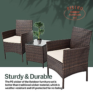 Pyramid Home Decor Alvino Patio Bistro Set 3-Piece Outdoor Wicker Furniture Sets, Modern Rattan Garden Conversation Chair with Thick Cushion and Glass Top Coffee Table (Coffee)