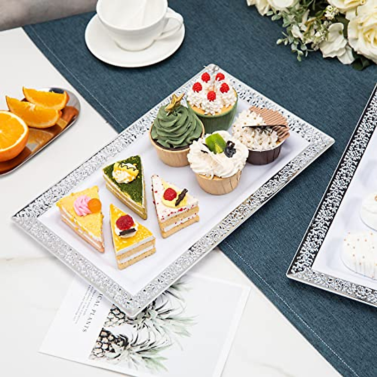 BBG 12Pcs Plastic Silver Serving Trays and Platters Set, 13.77 * 8.46” White with Silver Lace Design, Rectangular Plastic Food Platters, Disposable Serving Tray for Party Weddings Reception Buffet