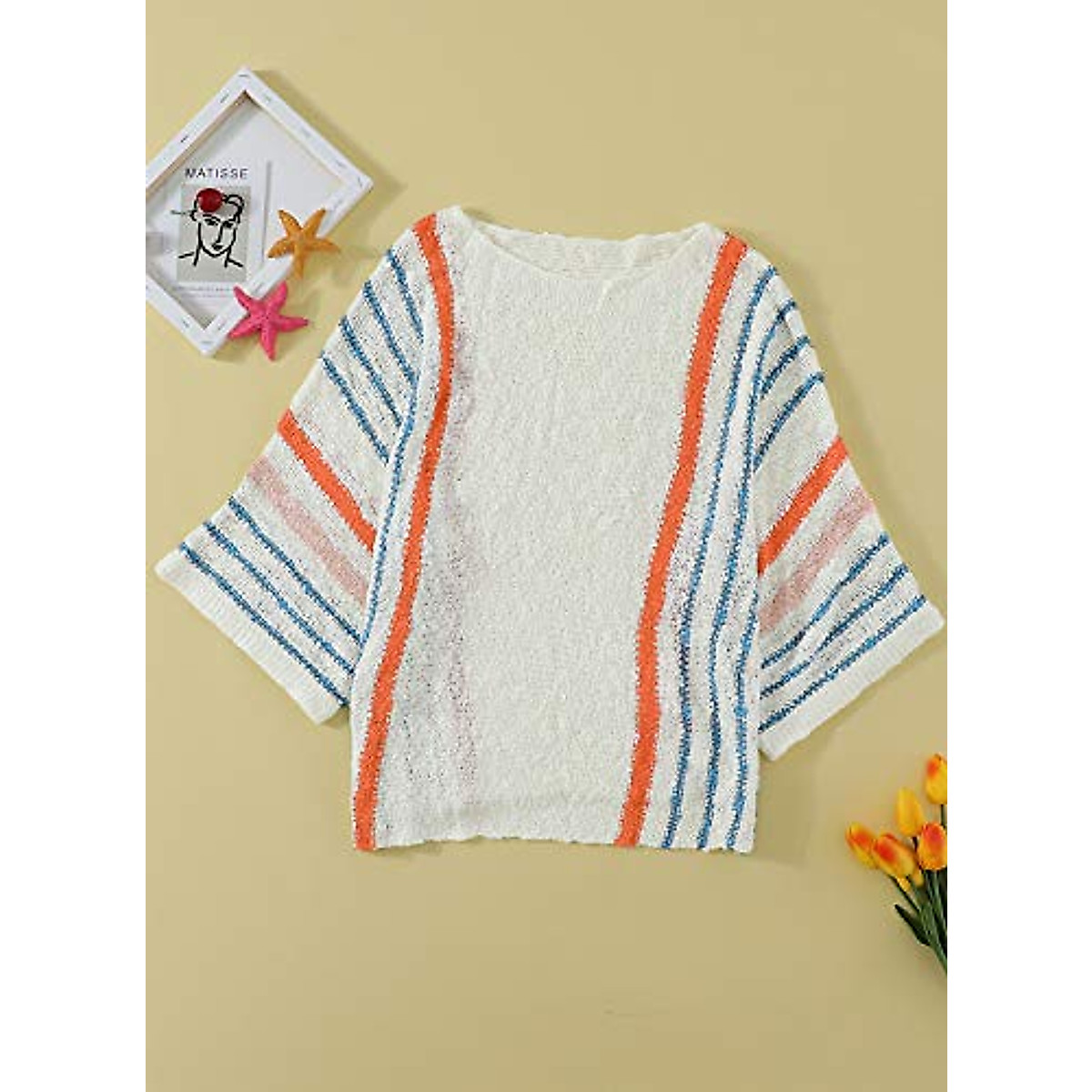 Dokotoo Womens Ladies Cute Casual Summer Fall 2023 Crewneck Color Block Striped Wide Bell 3/4 Sleeve Oversized Baggy Lightweight Comfy Cozy Cable Knit Beach Pullover Sweaters for Women Tops Shirts XL