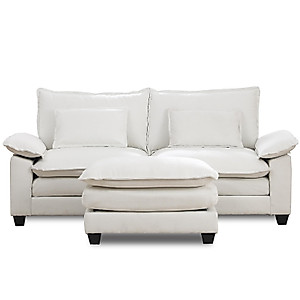 AHMED 88.97" Sectional Sofa Cloud Couch for Living Room with Pillows, Modern Chenille Comfy Sleeper Sofa,L Shaped Couch with Moveable Ottoman (White)
