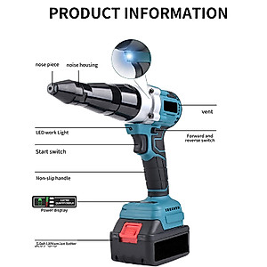 Etersec Cordless Rivet Gun, Portable 21V Lithium Battery Charging Full-Automatic Core Pulling Rivet Gun Professional Kit,with Battery and Charger，for 1/8 ", 5/32", 3/16 "Rivets