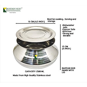 Bartan Hub Stainless Steel Handi with Lid ( Pongal Handi , 2500 ML , Dishwasher Safe ) Handi 2.5 L with Lid (Stainless Steel), Medium
