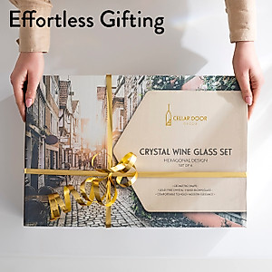 Frost Living Wine Glasses Set of 6 - Long Stem Crystal Hexagon Shaped Wine Glass Set - Large, Beveled, Diamond Shape Sides Lets Wines Breathe