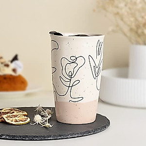 ANTIS'S HOME Ceramic Coffee Mug with Lid, Flower Pattern Double Wall Coffee Travel Mug Ceramic Tumbler 10 oz, Reusable Tall Cup, Splash Resistant Lid, Dishwasher Microwaveable Safe
