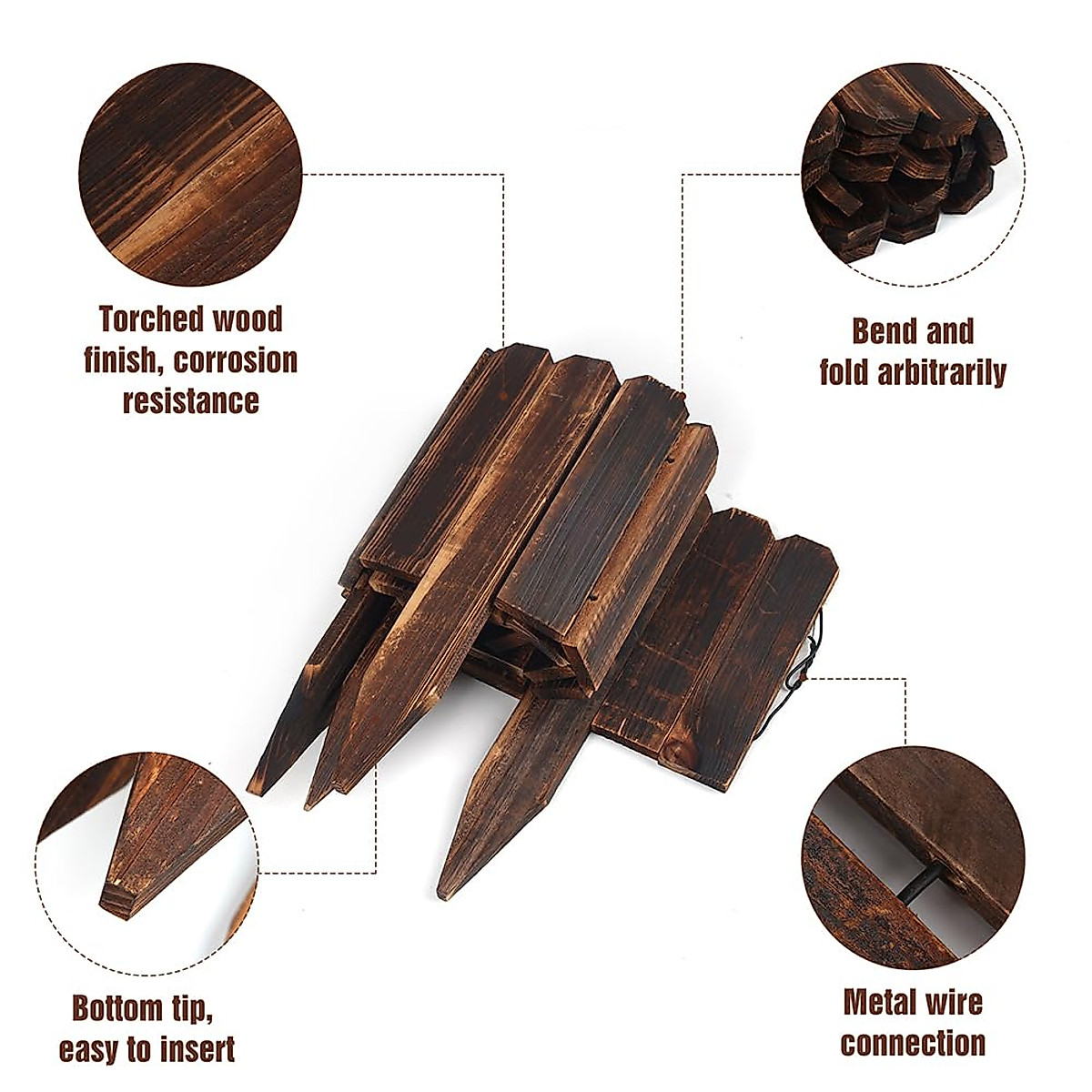 Newflager Garden Wooden Fence Anti-Corrosive Outdoor Landscape Edging Flexible Decorative Border with a Pair of Gloves for Garden Yard Flower Tree Fence - 7.9'' H x 47'' L