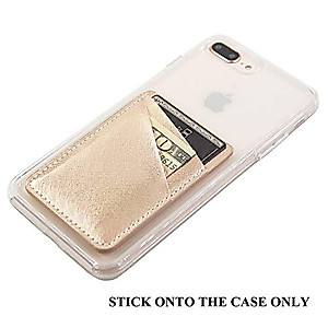 Obbii Iridescent Pink PU Leather Card Holder for Back of Phone With 3M Adhesive Stick-on Credit Card Wallet Pockets for iPhone and Android Smartphones (fit for 4.7 inches or above) (Gold)