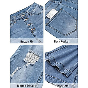 Utyful Women's High Waist Button Fly Ripped Jeans Stretchy Flare Denim Jeans Bell Bottom Pants Button Fly- Light Blue Medium