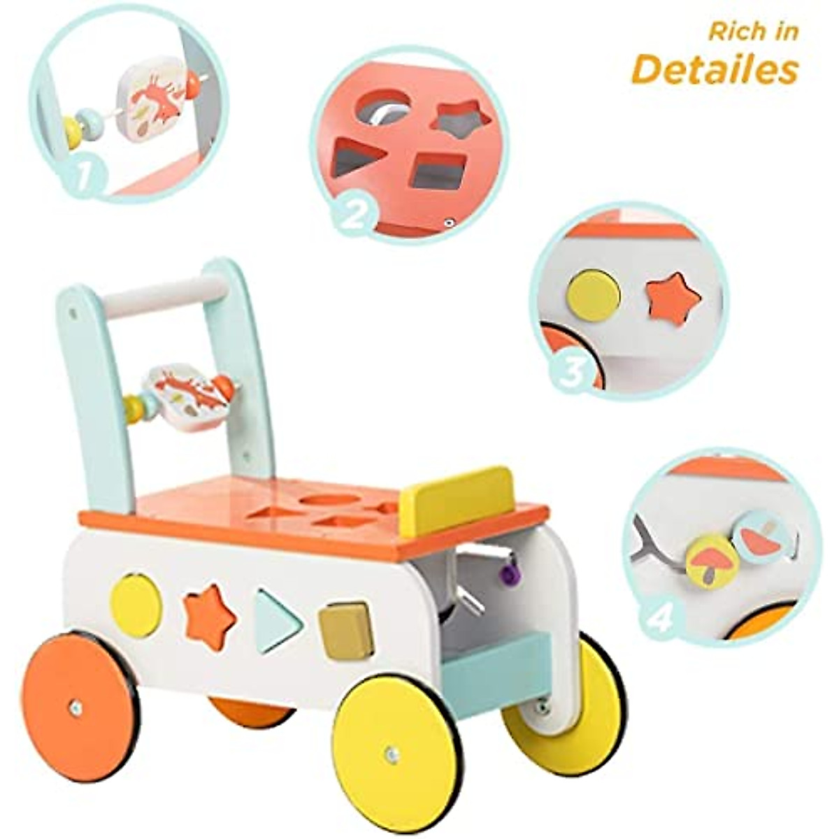 labebe Baby Walker with Wheel, 3-in-1 Wooden Activity Walker for Kids 1-3 Years, Baby Push Walker Girl&Boy/Wooden Push Toy/Walker Toy Infant/Baby Wagons/Learning Walker/Push Cart Toy Orange