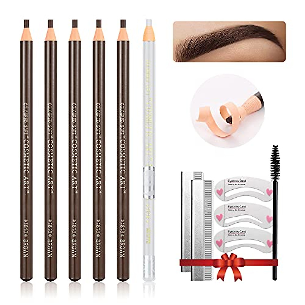 LSxia Waterproof Eye-Brows Pen-cil Set, Pull Cord Peel-off Eyebrow Pencil Microblading Eyebrow Pen Supplies Kit, White Eye-Liner Pencil and Eyebrows Tool Tattoo Makeup For Marking (5+1 Dark Brown)