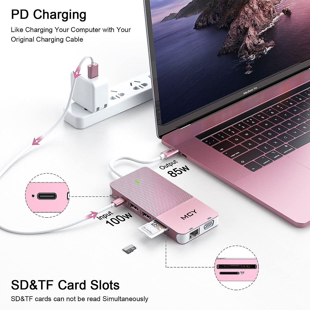 Docking Station, MCY 12 in 1 Triple Display Laptop USB C Docking Station Dual Monitor USB Type C Hub with Dual HDMI VGA Adapter, Compatible with MacBook Pro, XPS 13, USB C Dock Rose Gold
