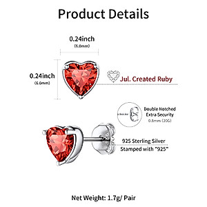 Women Earrings Hypoallergenic 925 Sterling Silver Love Heart Earrings Studs Red Cubic Zirconia Ruby Gemstone July Birthstone Stud Earrings for Sensitive Ears