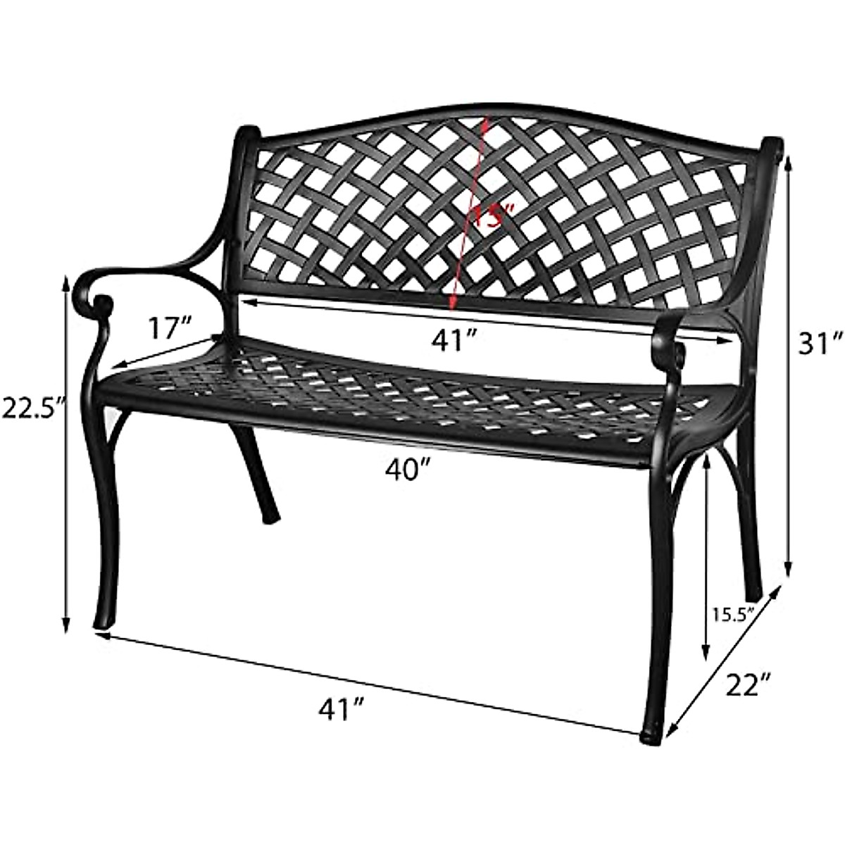 Grepatio Outdoor Patio Garden Bench All-Weather Cast Aluminum Loveseats Park Yard Furniture Porch Chair Work Entryway Decor w/Checkered Design(Black)