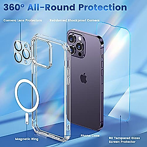 【3 in 1】Nuleto for iPhone 14 Pro Case, iPhone 14 Pro MagSafe Case Built-in 9H Tempered Glass Screen Protector & Camera Lens Protector Full-Body Protective Heavy Duty Shockproof Slim Thin Cover - Clear