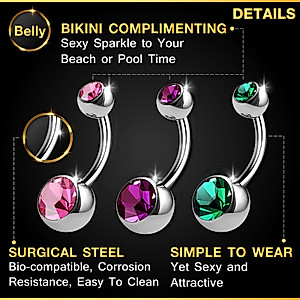 BanaVega 3PCS 316L Surgical Steel Short Belly Button Rings Stud 14 Gauge 5/16 8mm Rose Amethyst Emerald Shallow Navel Bar Jewelry 8245 (BND CR 1.6 6 L3 RO AMT)